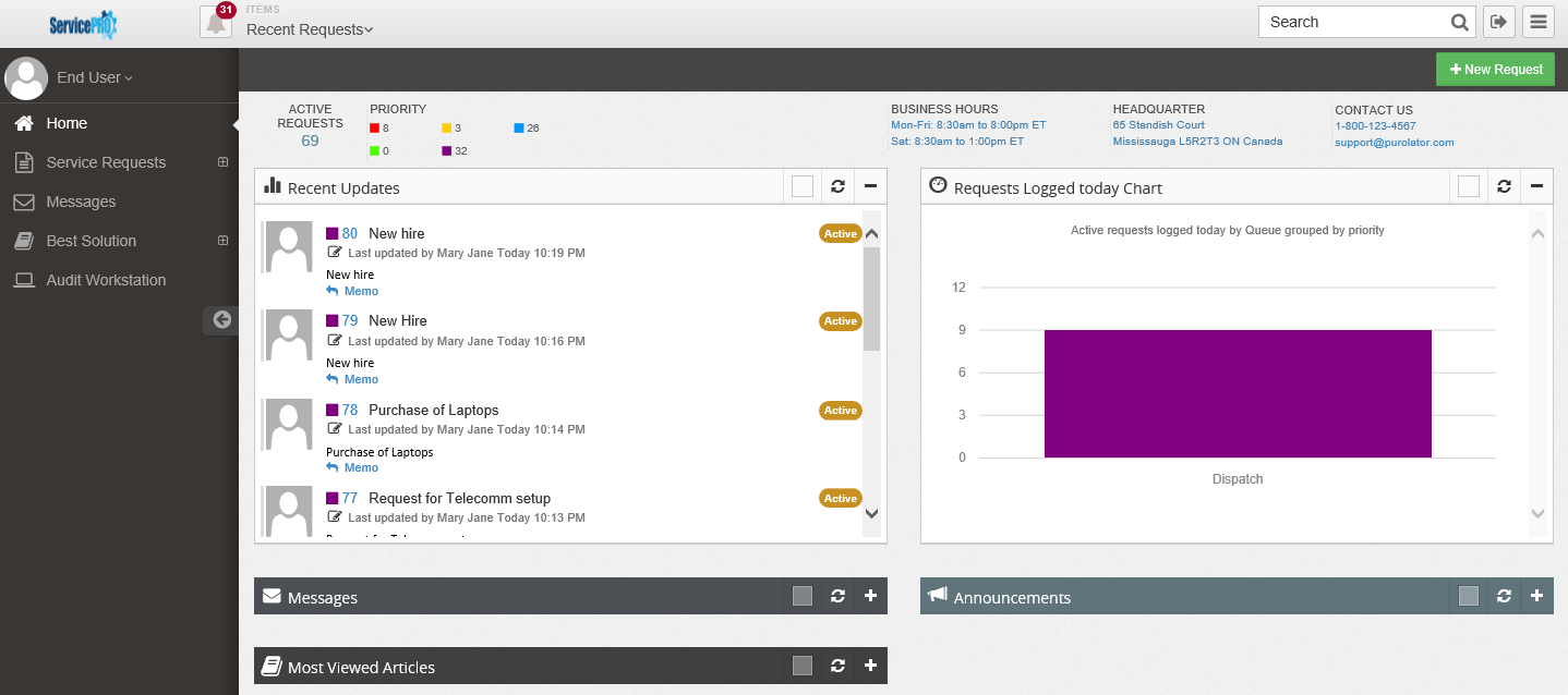 ServicePRO Web End User Portal - Home Page